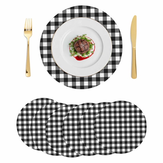 Black White Plaid Round Placemats Set of 6, Braided Polypropylene Place ...