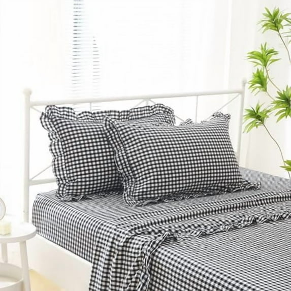 Black White Plaid Ruffle Sheets Queen Size 4-Piece Set, 300TC 100% Yarn ...