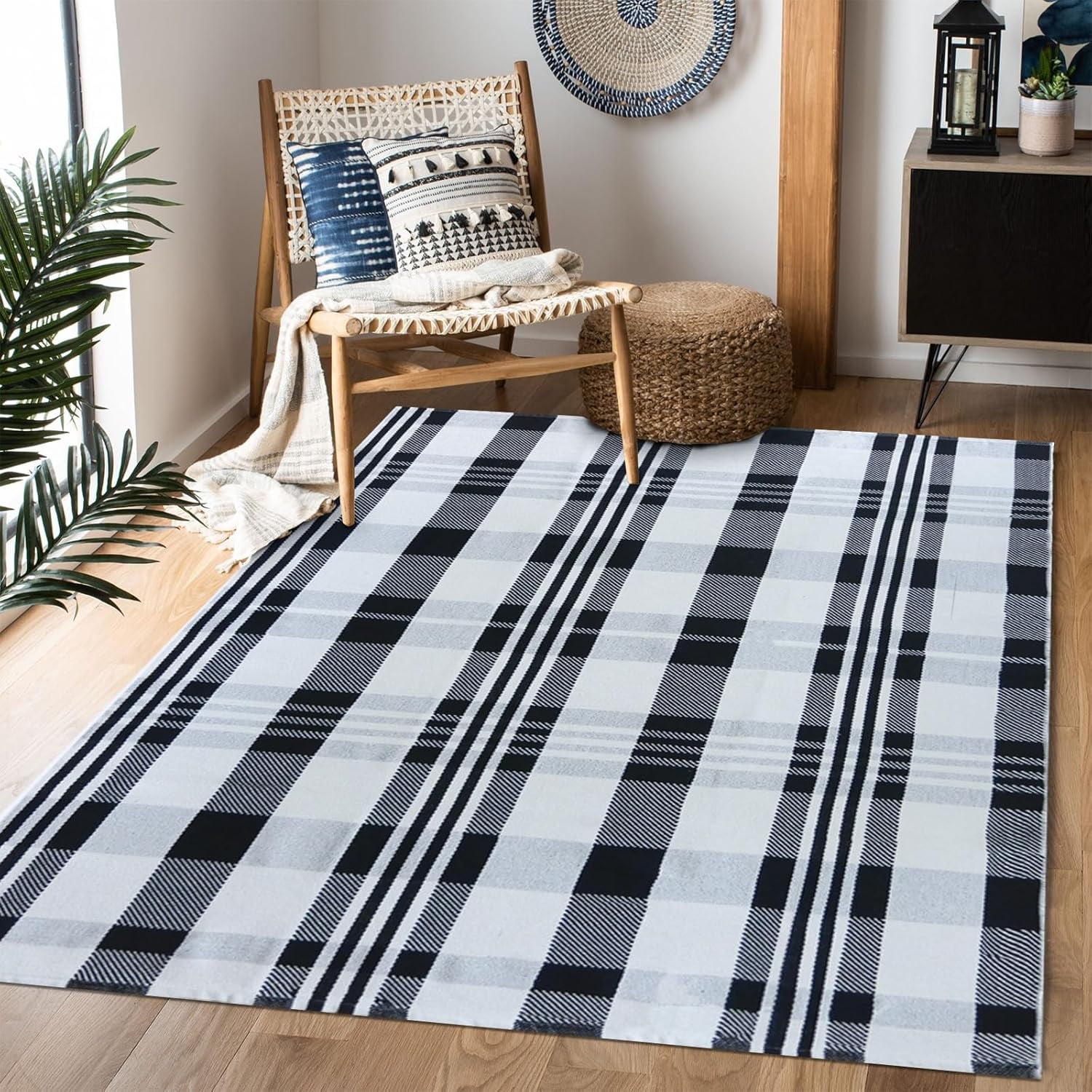 Black and White Plaid Rugs, 4' x 6' Area Rug Outdoor Indoor Front Porch ...