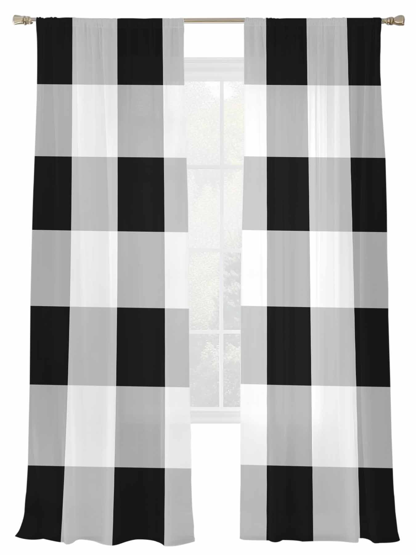 Black White Plaid Sheer Curtains 2 Panels Set Simple Pattern Sheer ...