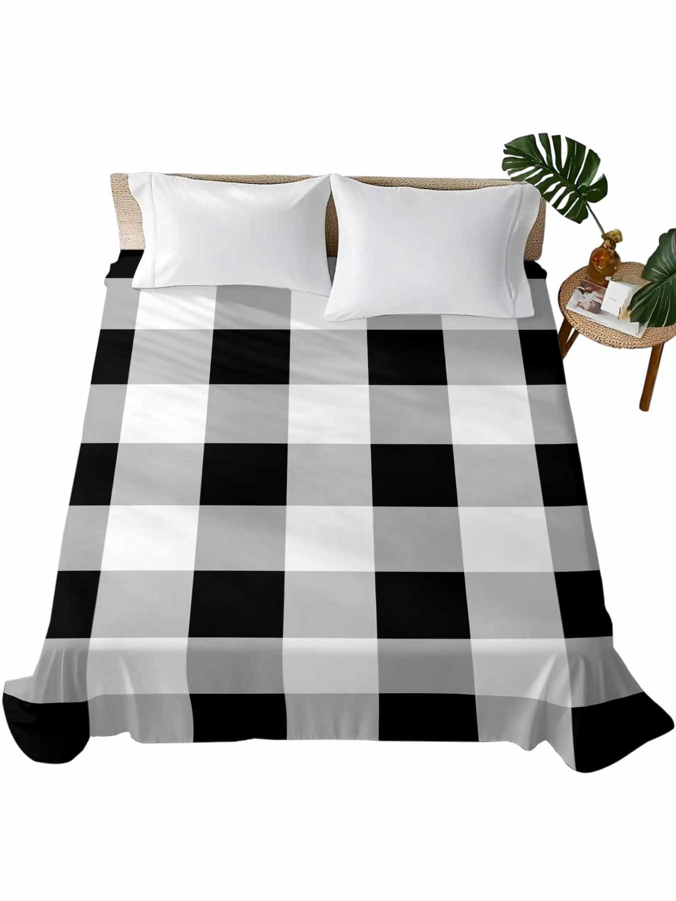 Black White Plaid Twin XL Size Flat Sheet Only, Hotel Luxury Microfiber ...