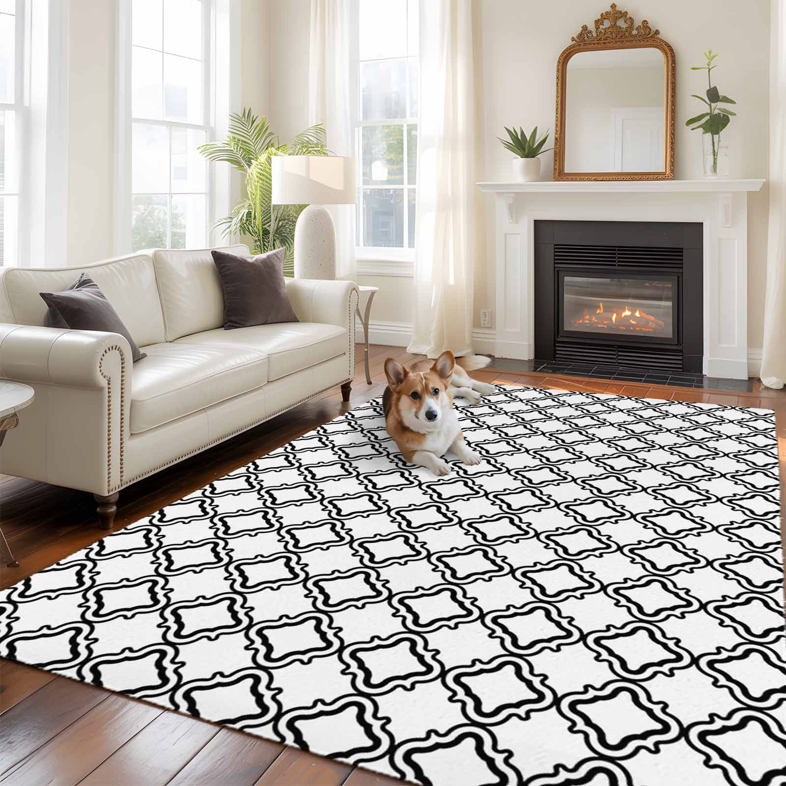 Black White Plaid Washable Area Rug 8x10 Abstract White Morocco Texture ...