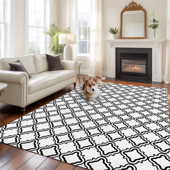 Black White Plaid Washable Area Rug 8x10 Abstract White Morocco Texture ...