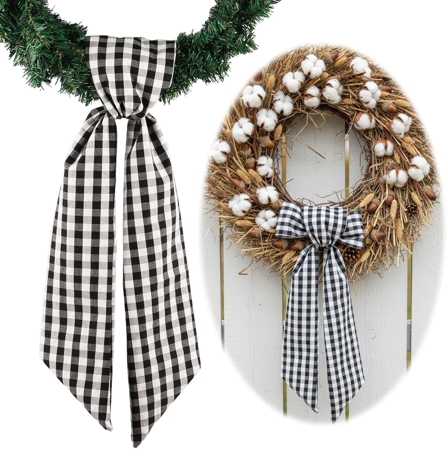 Black White Plaid Wreath Sash Front Door Decoration, Blank Sash ...