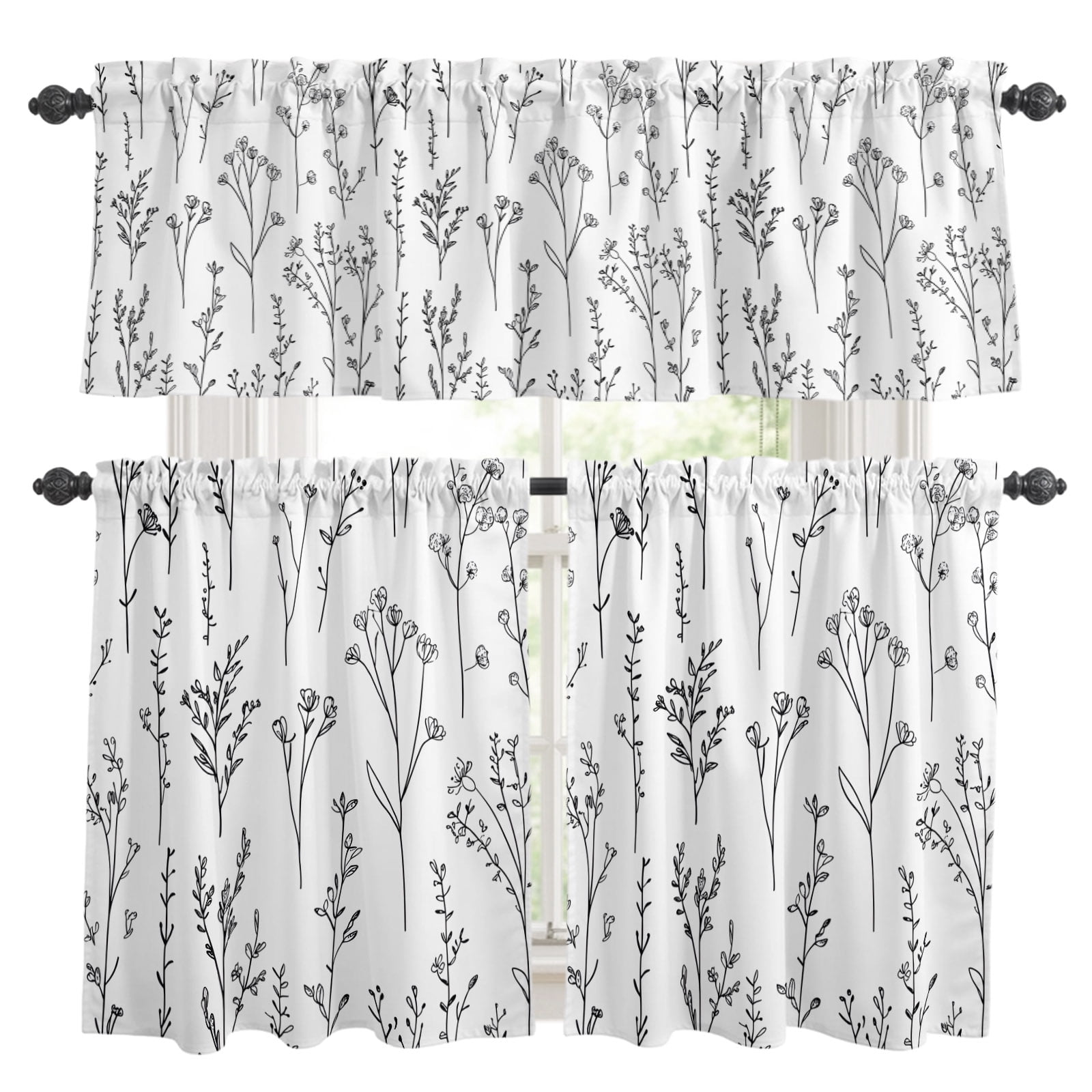 Black White Plant Kitchen Curtains Set for Windows, Art Floral ...