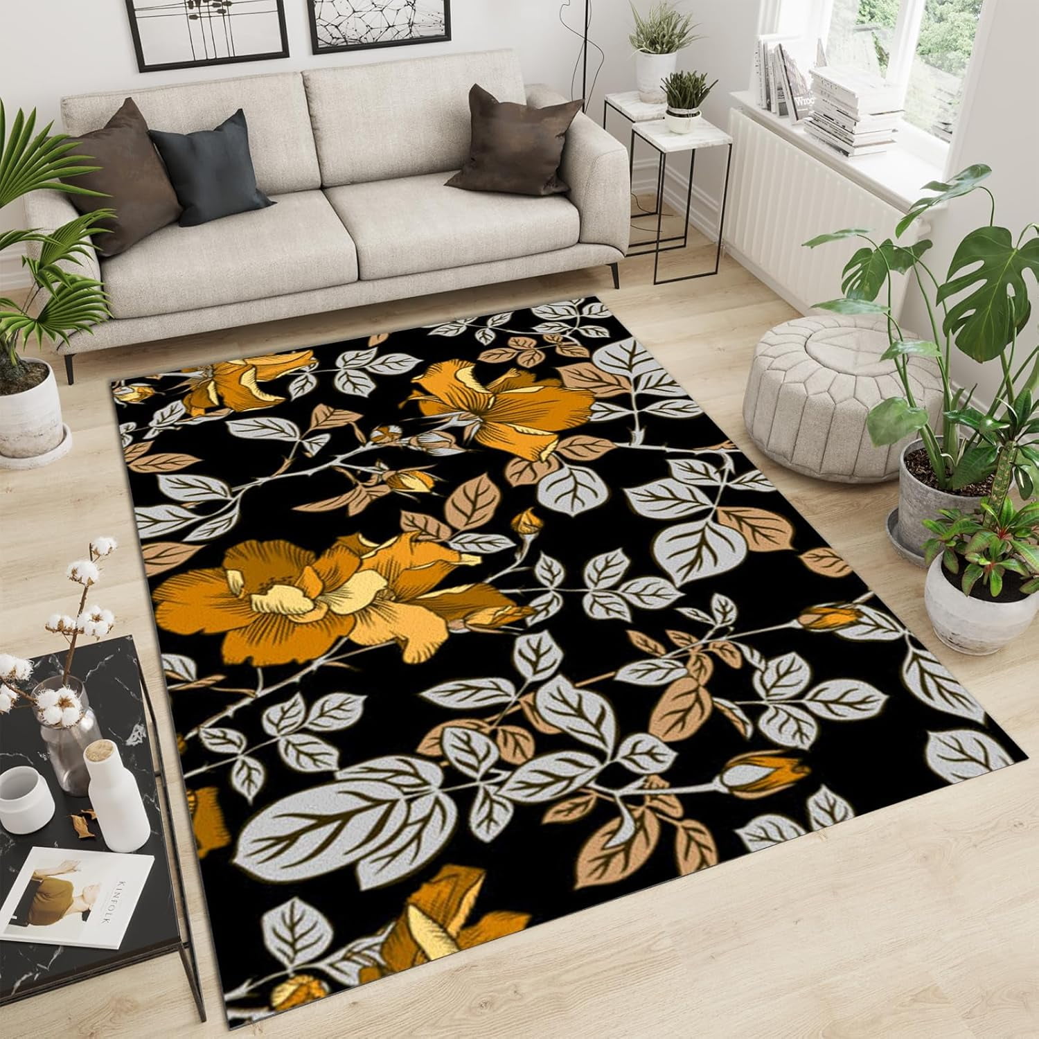 Black And White Plant Leaves Area Rugs, Bohemian Yellow Flowers ...