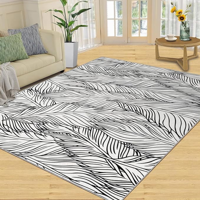 Black White Plant Leaves Rug, Geometric Leaf Pattern Bedroom Rug, Area ...