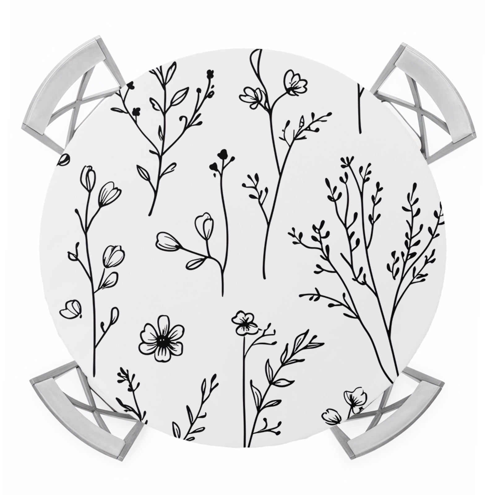 Black White Plant Round Table Cover, Floral Farmhouse Leaf Retro Flower ...