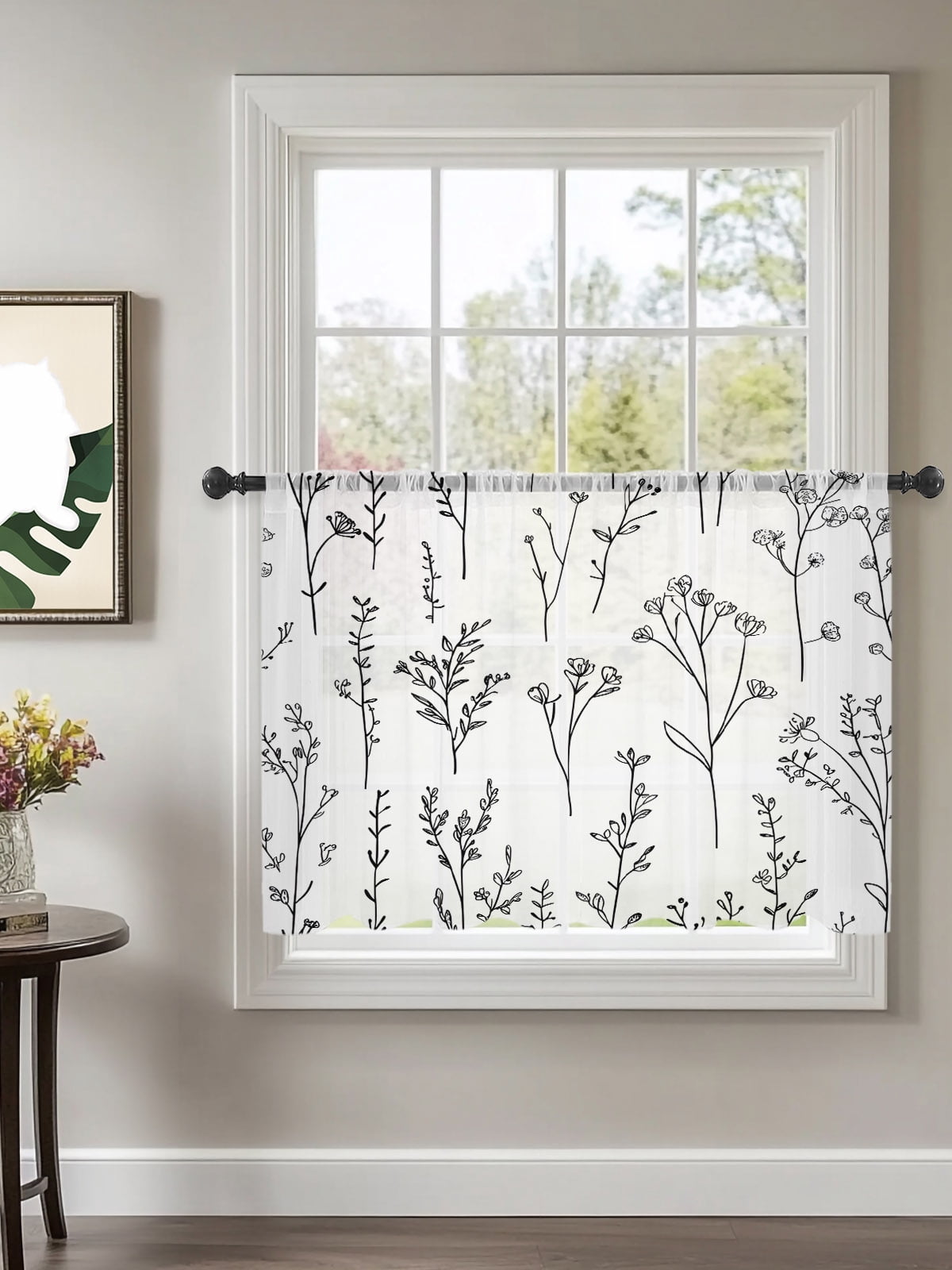 Black White Plant Sheer Curtains 54 Inch Long 1 Panel Art Floral ...