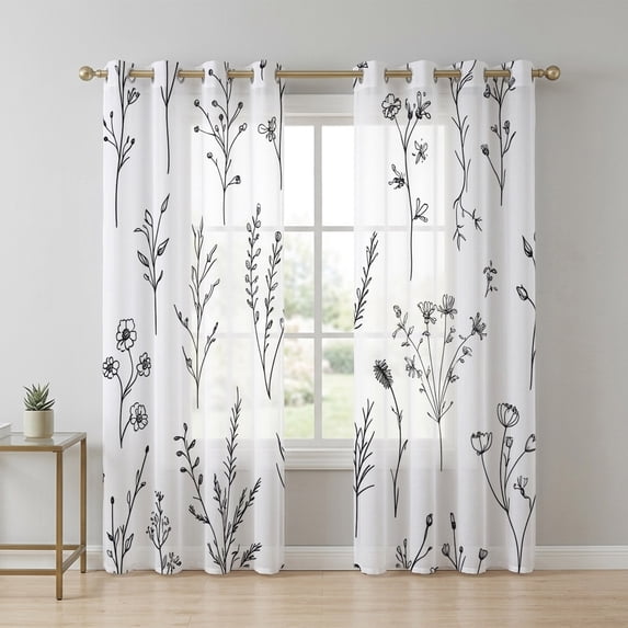 Black White Plant Sheer Curtains 96 Inch Long 2 Panels, Boho Floral ...