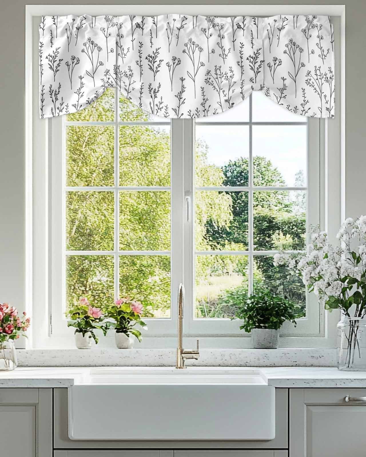 Black White Plant Tie Up Valances Curtain, Adjustable Kitchen Art ...