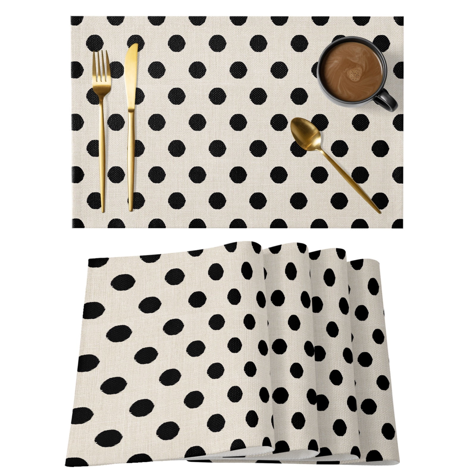 Black White Polka Dots Cotton Linen Placemats Set of 4, Cute Solid ...