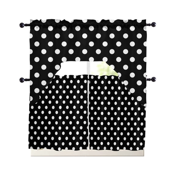 Black White Polka Dots Kitchen Curtains Set for Windows 3 Piece Cafe ...