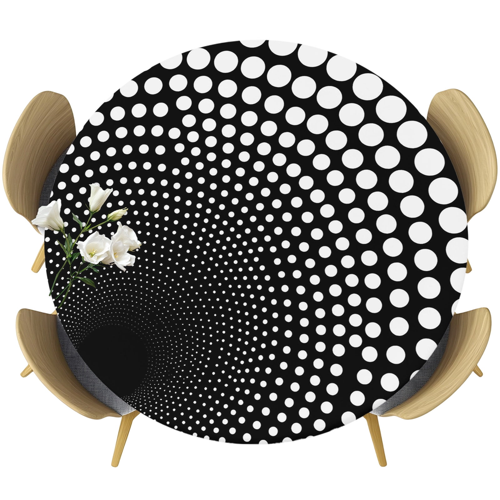 Black White Polka Dots Round Tablecloth 55-60 Inch Round Fitted Table ...