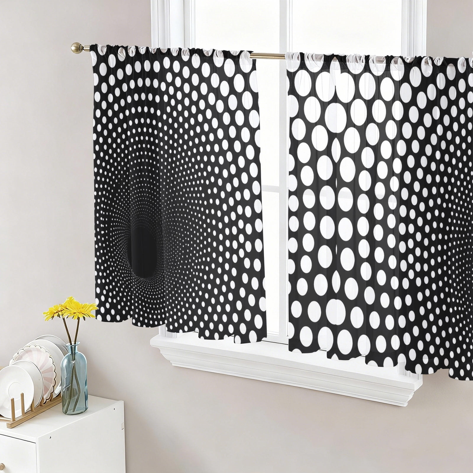 Black White Polka Dots Sheer Curtains for Living Room Bedroom Abstract ...