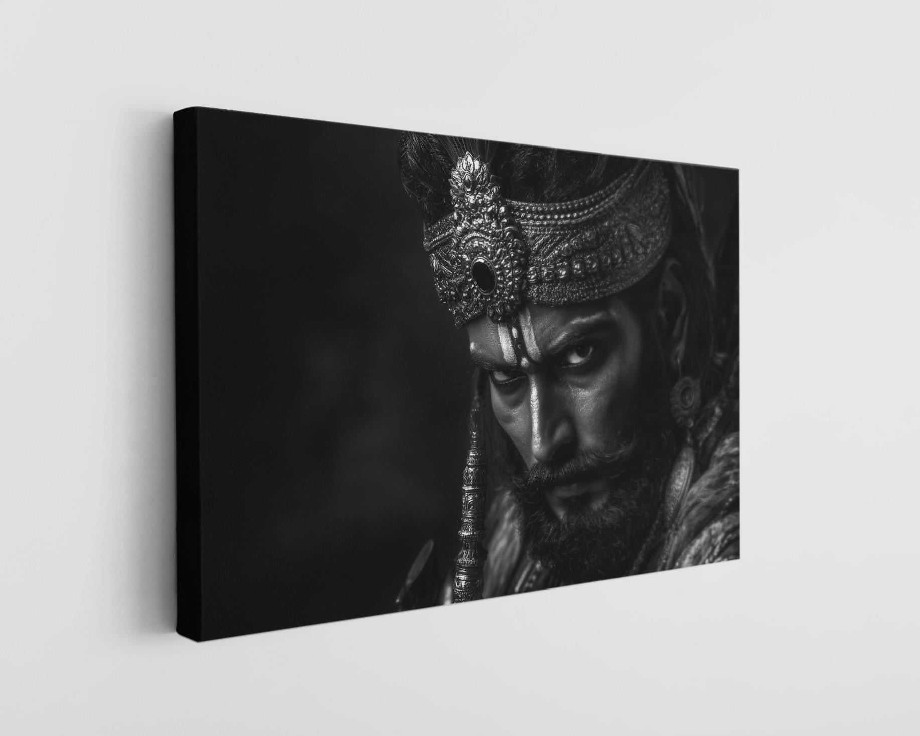 Black and White Portrait of a Rajput Warrior Canvas Wall Art - High ...
