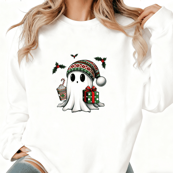 Black White Print Sweatshirt Graphic Sweatshirt Cute Ghost Christmas ...