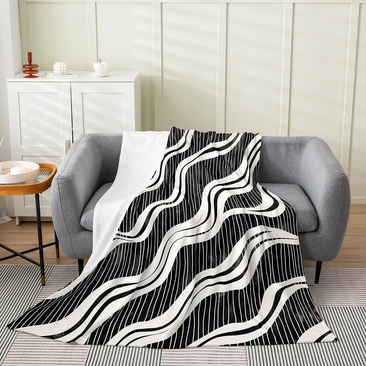 Black White Print Throw Blanket Queen 90x90, Simple Wave Line Blanket ...
