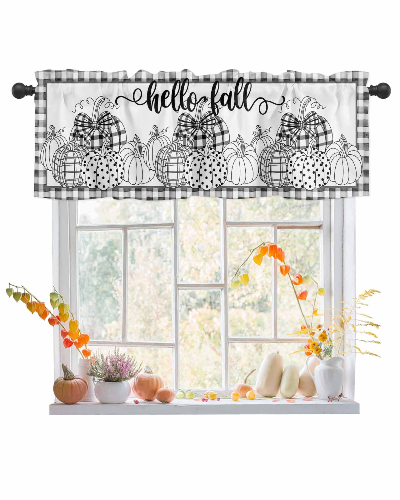 Black White Pumpkin Fall Valances for Windows, Thanksgiving Kitchen ...