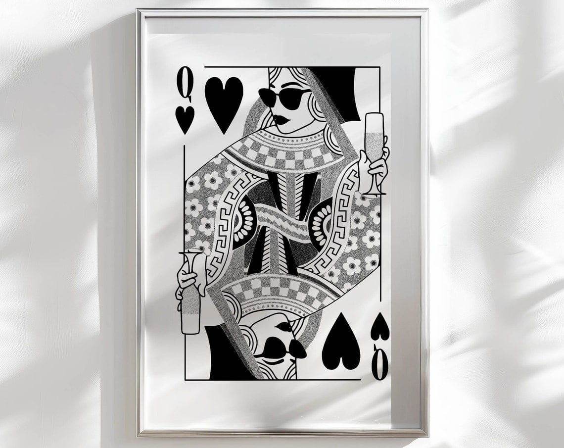 Black White Queen Of Hearts Edgy Wall Art Funky Print, College ...
