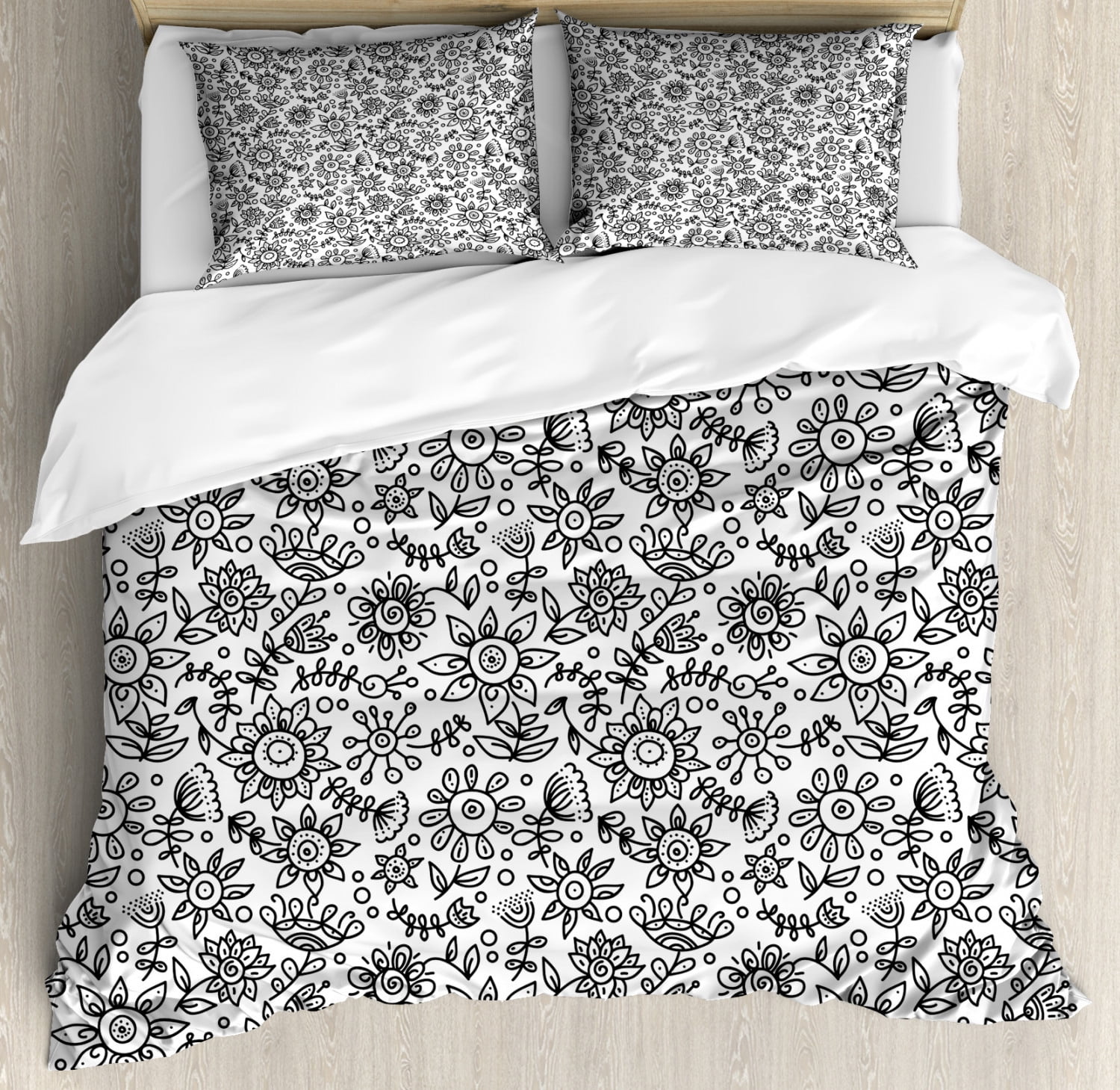 Black and White Queen Size Duvet Cover Set, Floral Composition Doodle ...