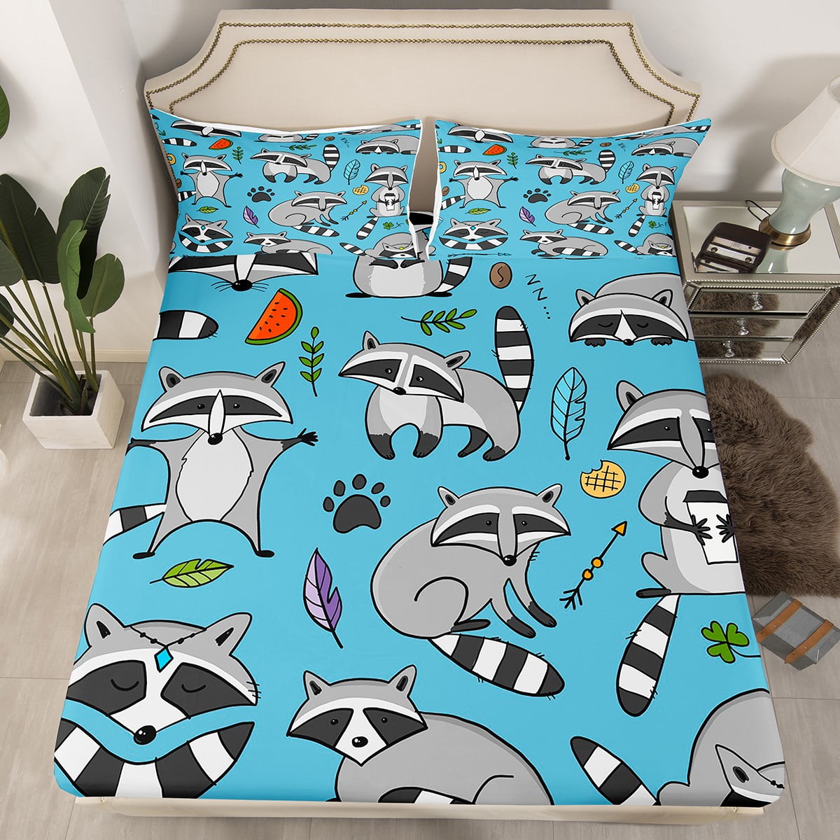 Black and White Raccoon Fitted Sheet Tropical Fruit Watermelon Full Bed ...