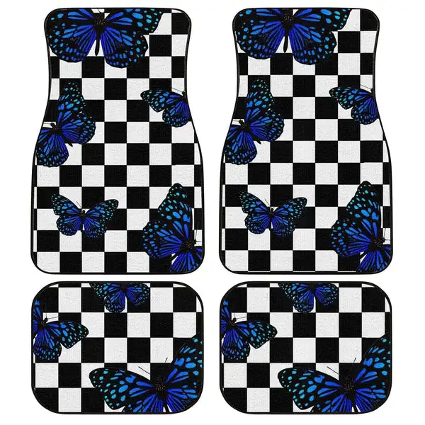 Black White Race Checkered Flag Pattern Car Floor Mats 4-Piece Front ...