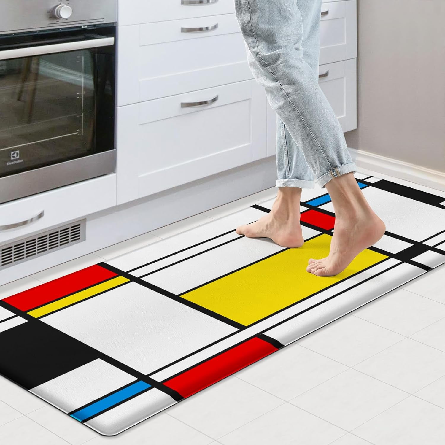 Black White Red Blue Yellow Kitchen Rug Anti-Fatigue Kitchen Mat for ...