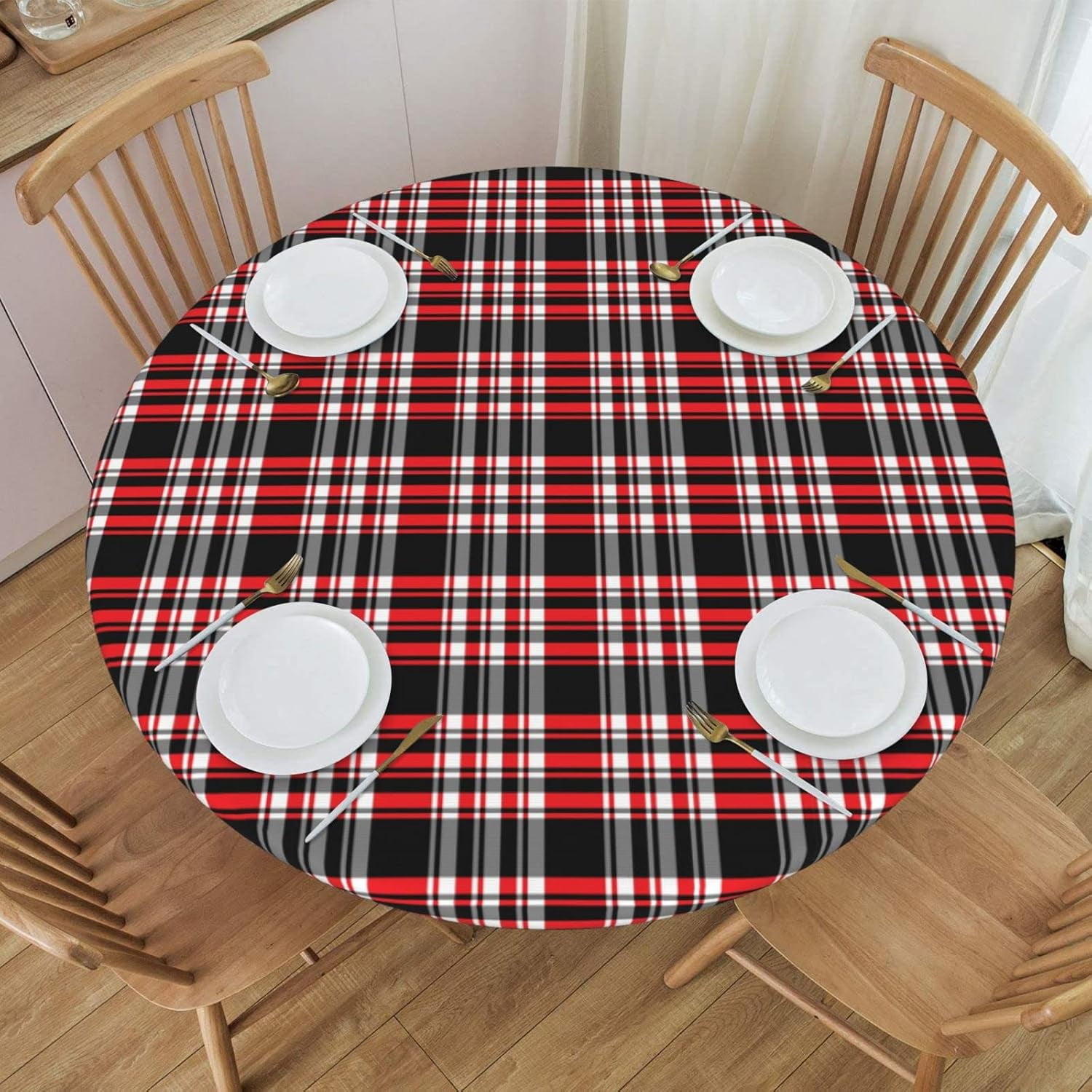 Black White and Red Checkered Tablecloth with Elastic Edge, Round Table ...