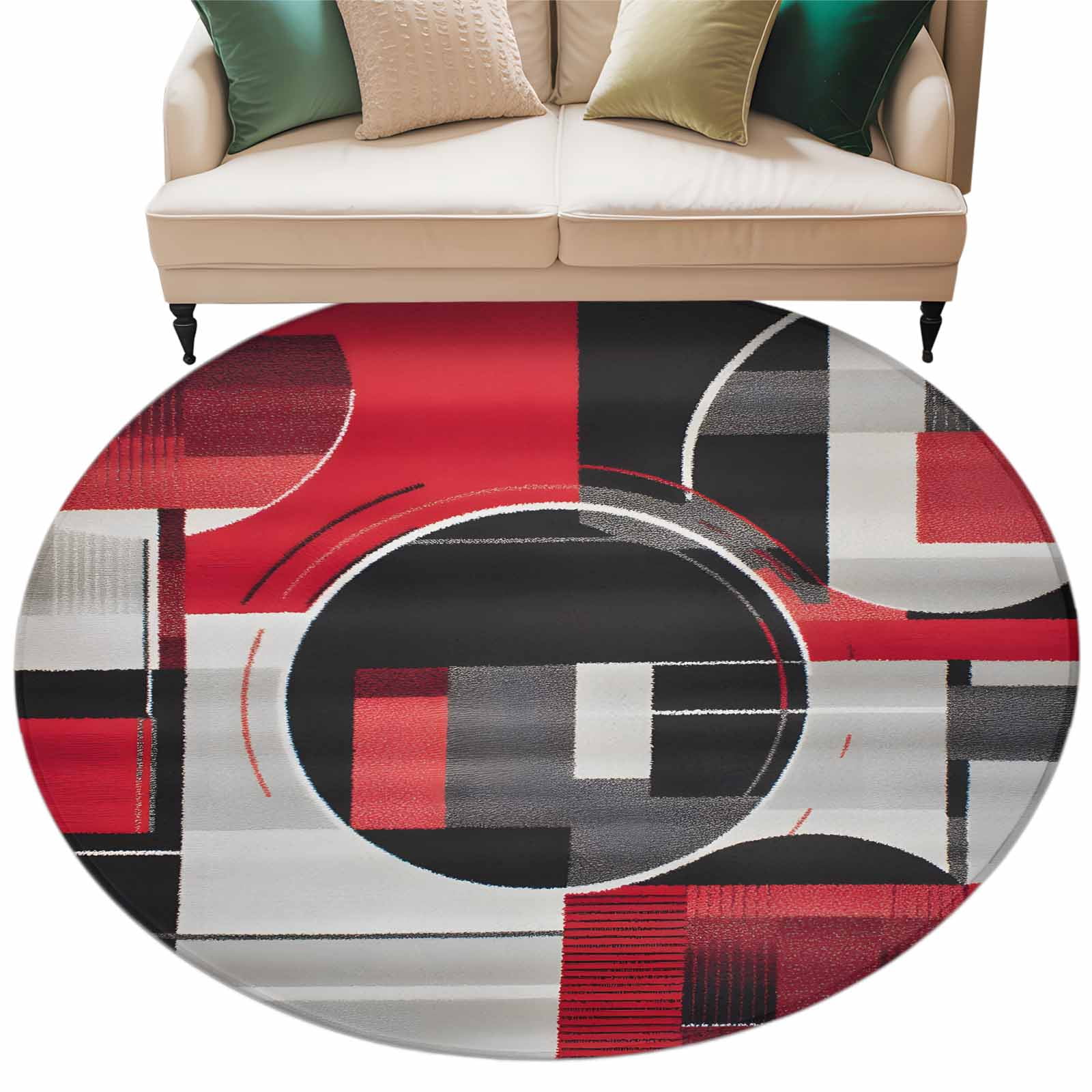 Black White Red Geometric Round Area Rug 6ft Lines Round Non-Slip ...