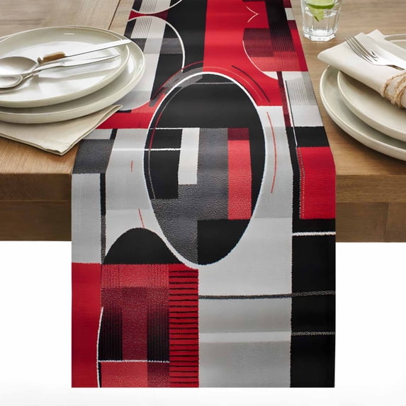 Black White Red Geometric Table Runner 13x60 inch Lines Round Cotton ...