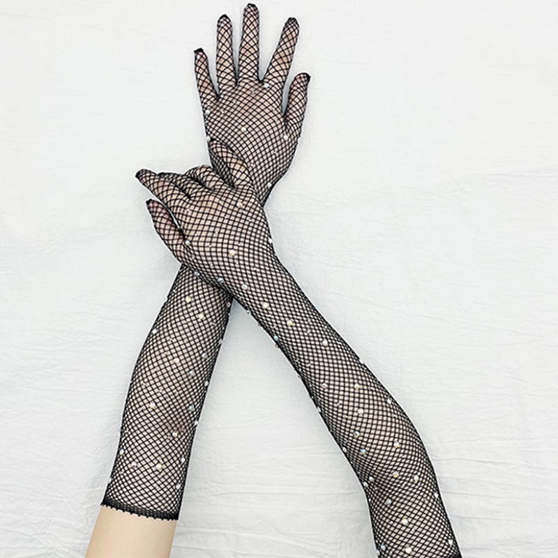 Black White Red Long Mesh Gloves With Rhinestones Hollow Fishing Net ...
