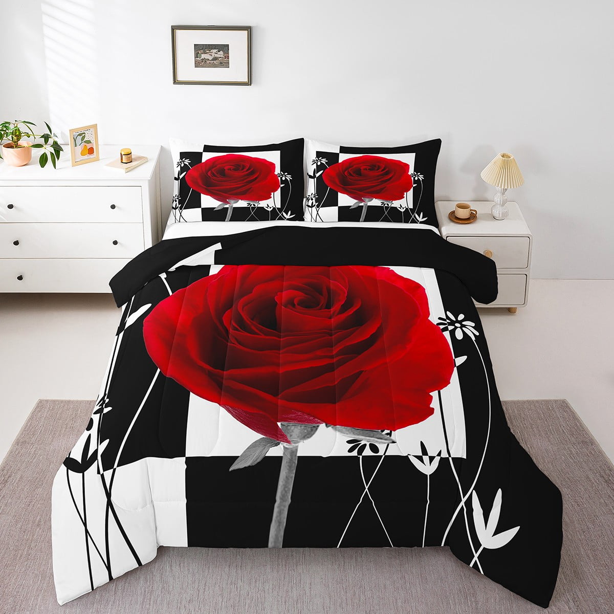 Black And White Red Rose Bedding Queen, Rose Floral Comforter Set ...