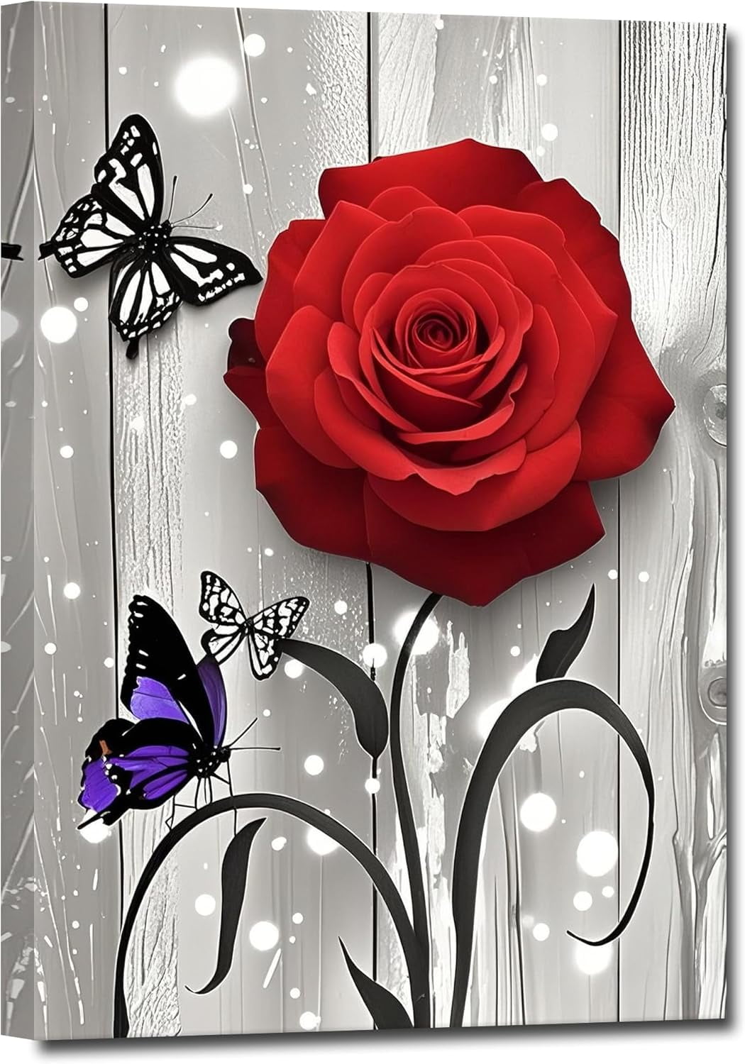 Black and White Red Rose with Butterflies Canvas Painting Framed Modern ...