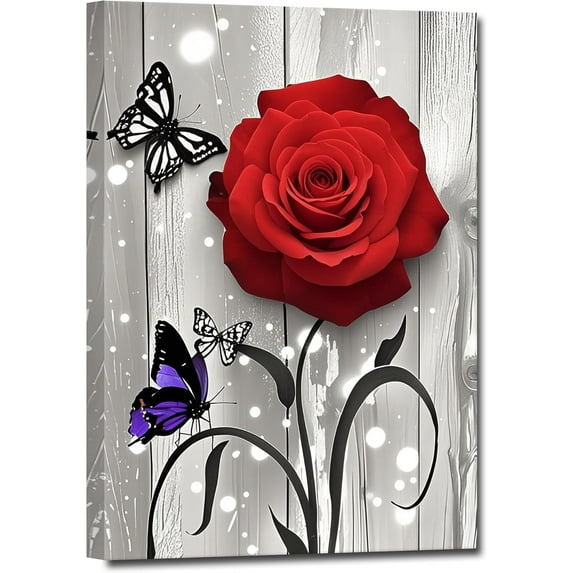 Black and White Red Rose with Butterflies Canvas Painting Framed Modern ...