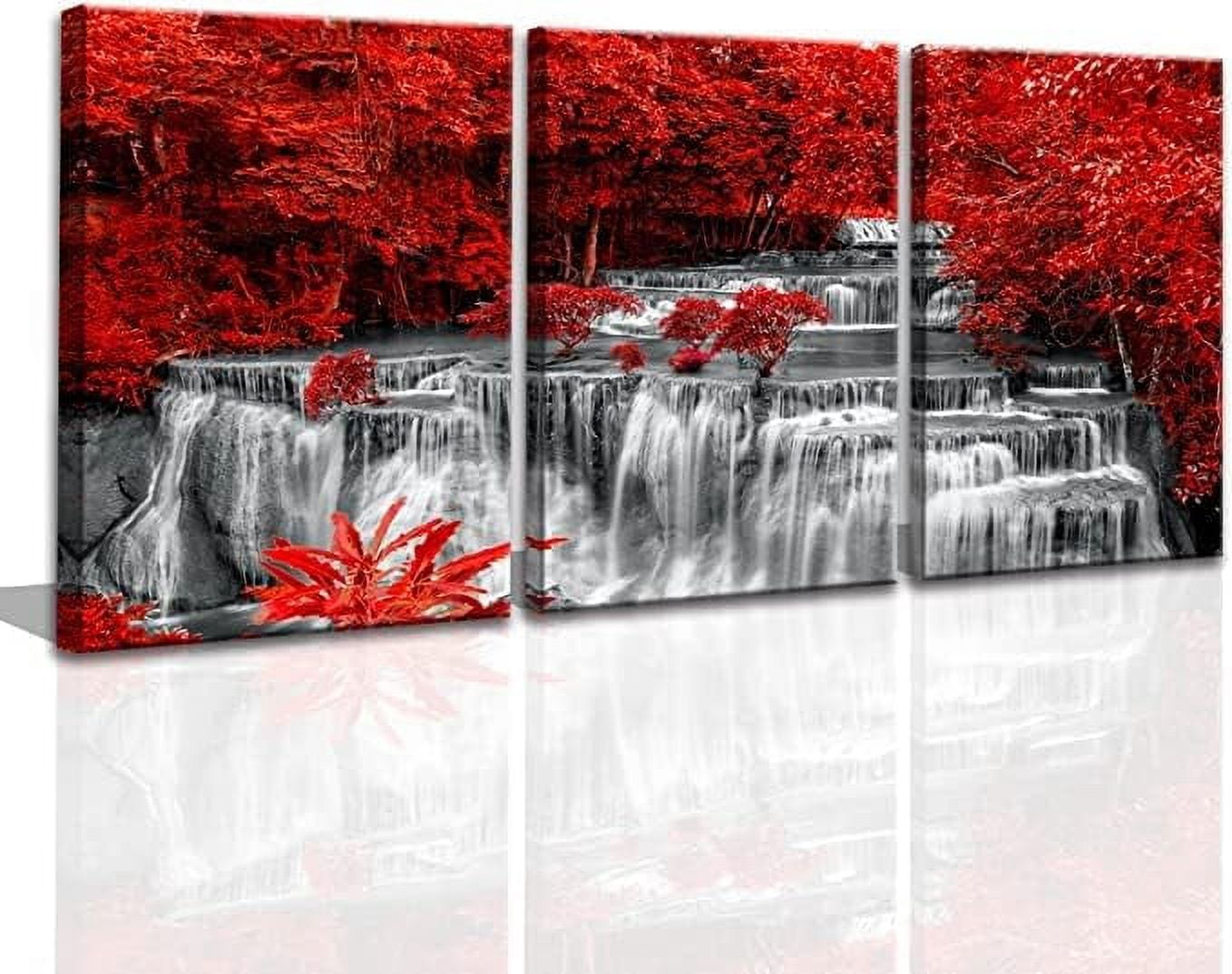 Black White and Red Waterfall Canvas Wall Art Trees Forest Painting ...