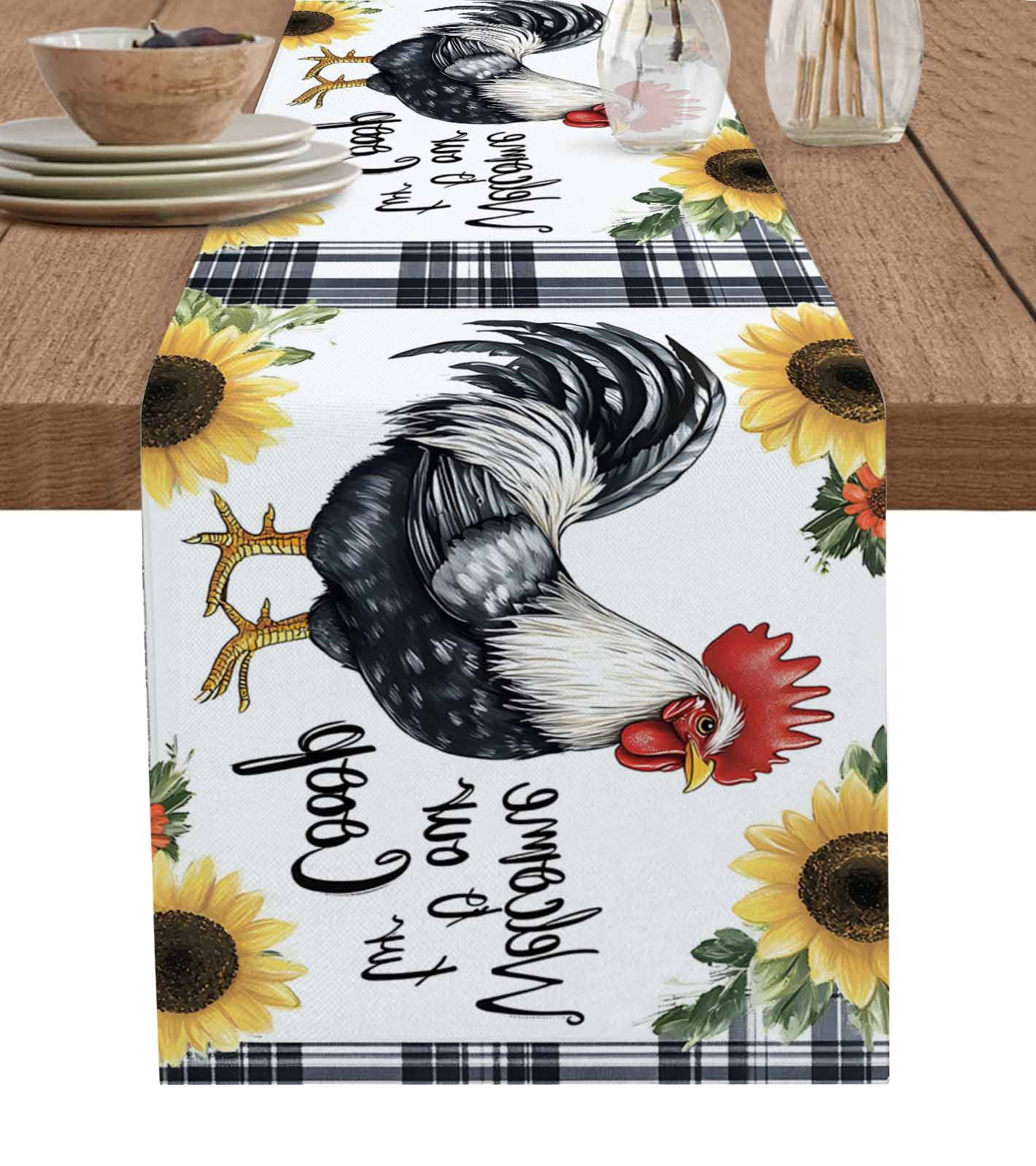 Black White Retro Rooster Burlap Cotton Table Runner 13x120 Inches Long ...
