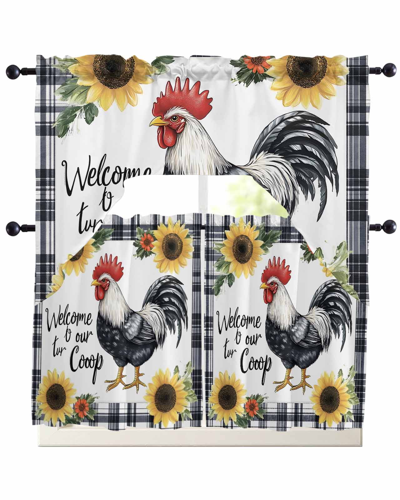 Black White Retro Rooster Kitchen Curtains Sets 36 Inch Length with ...