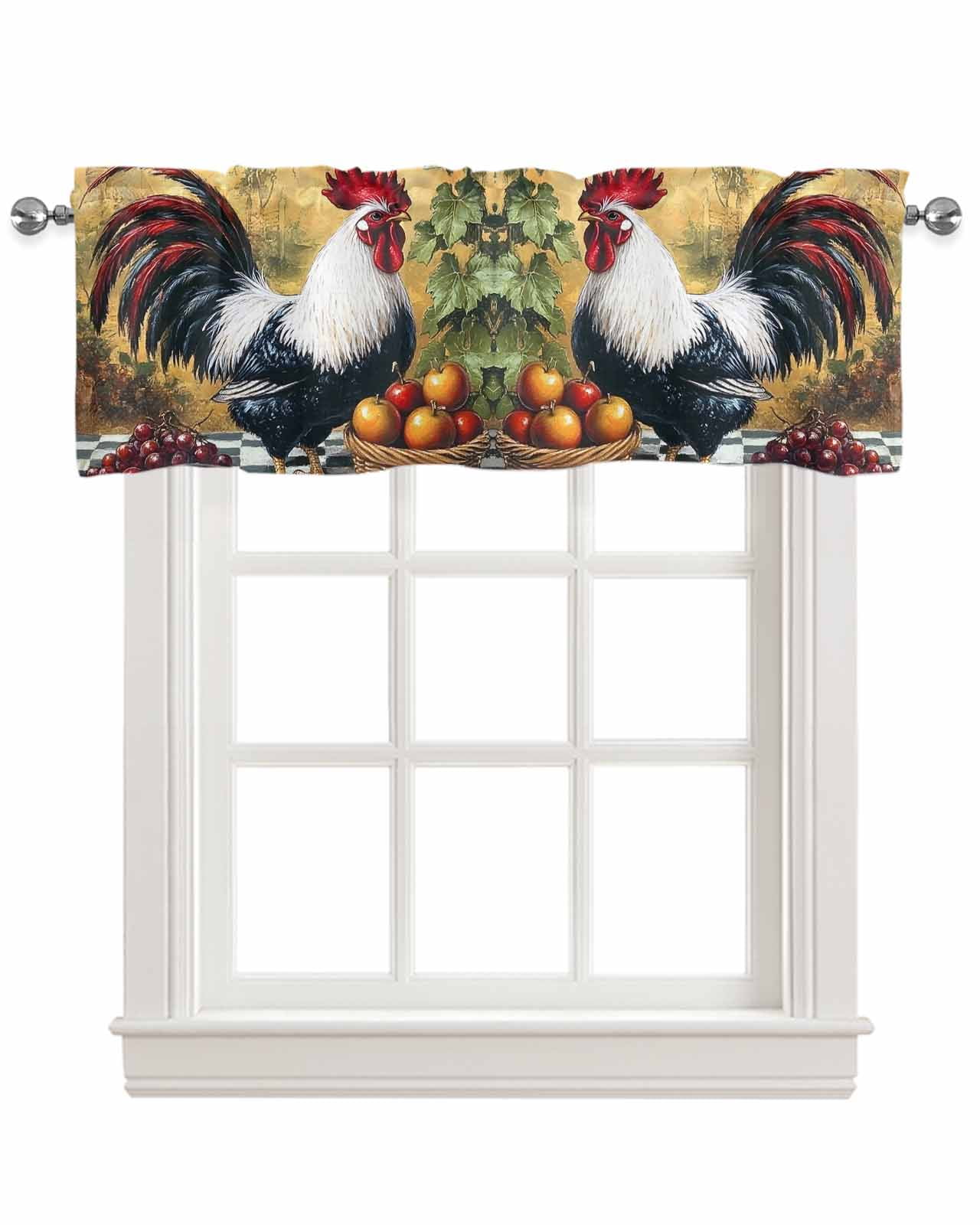 Black White Retro Rooster Kitchen Valances for Windows Farmhouse Linen ...