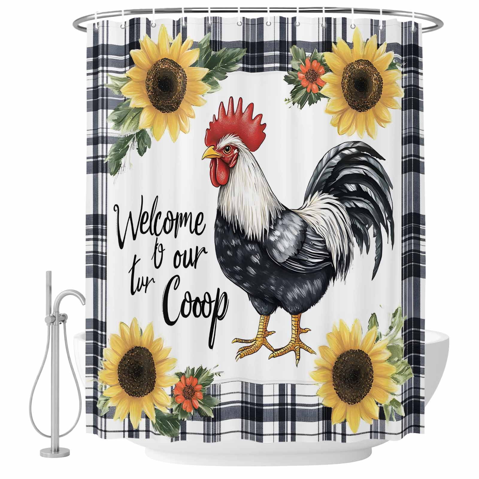 Black White Retro Rooster Shower Curtain Set - Long 72" x 84" Washable ...