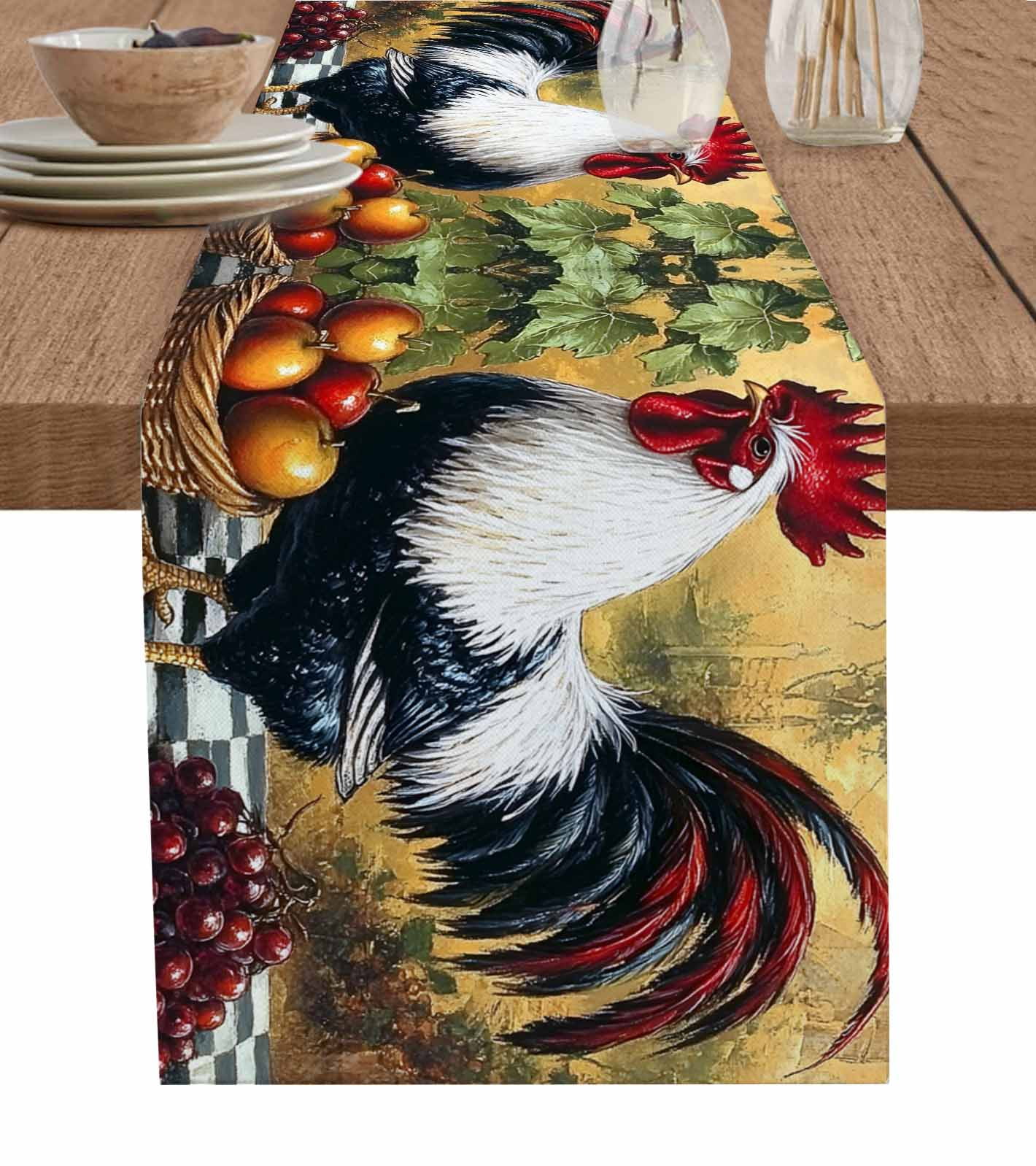 Black White Retro Rooster Table Runner 72 Inches, Farmhouse Animals ...