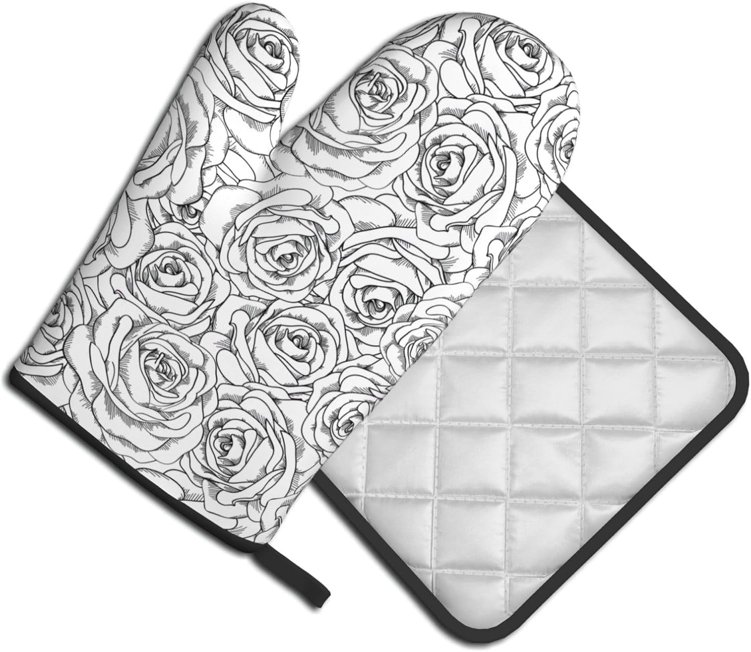 Black White Rose Print Oven Mitts And Pot Holders 2 Pcs Set,High Heat ...
