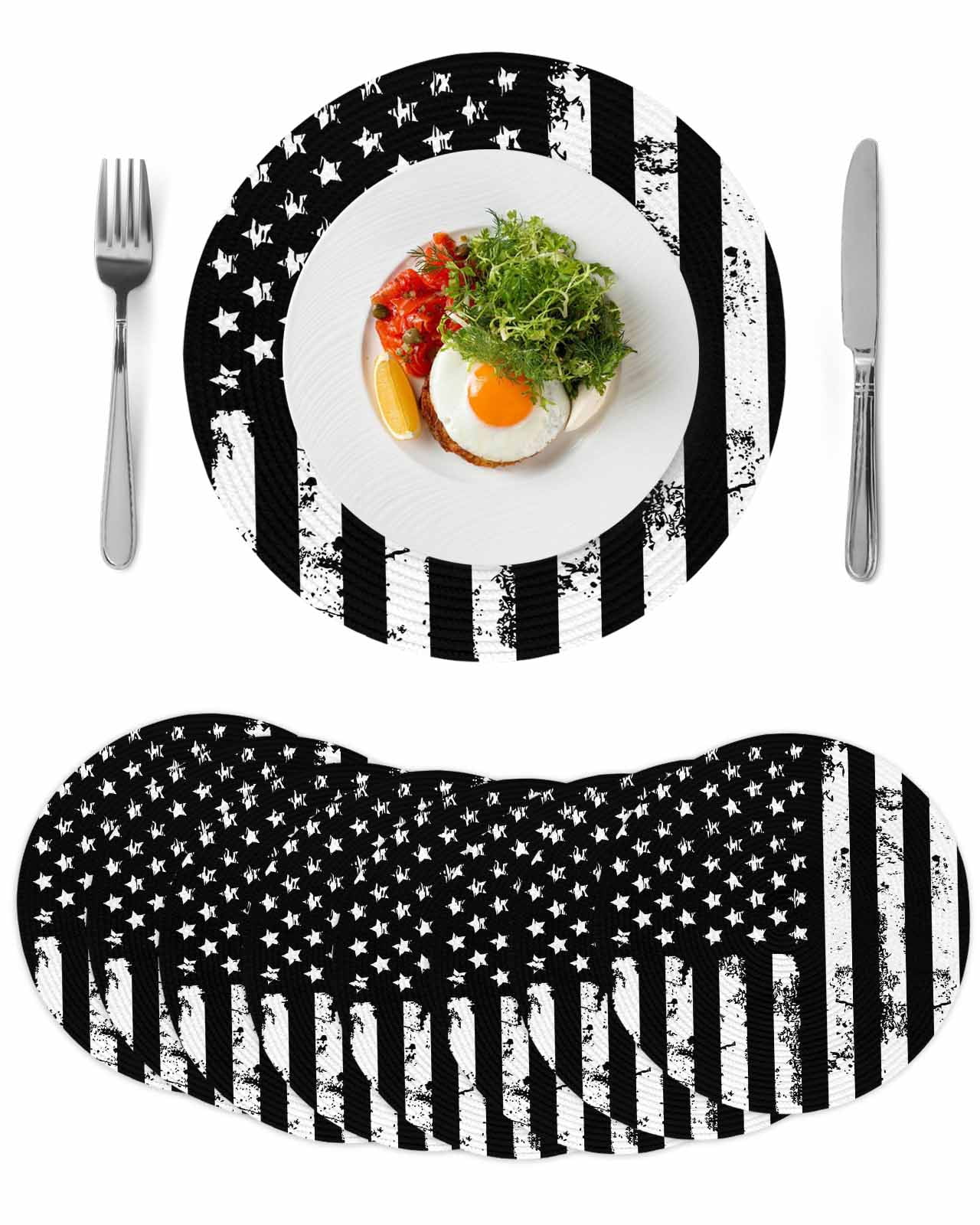 Black White Round 13 Inch Placemats Set of 8, Retro Stars Stripes Flag ...