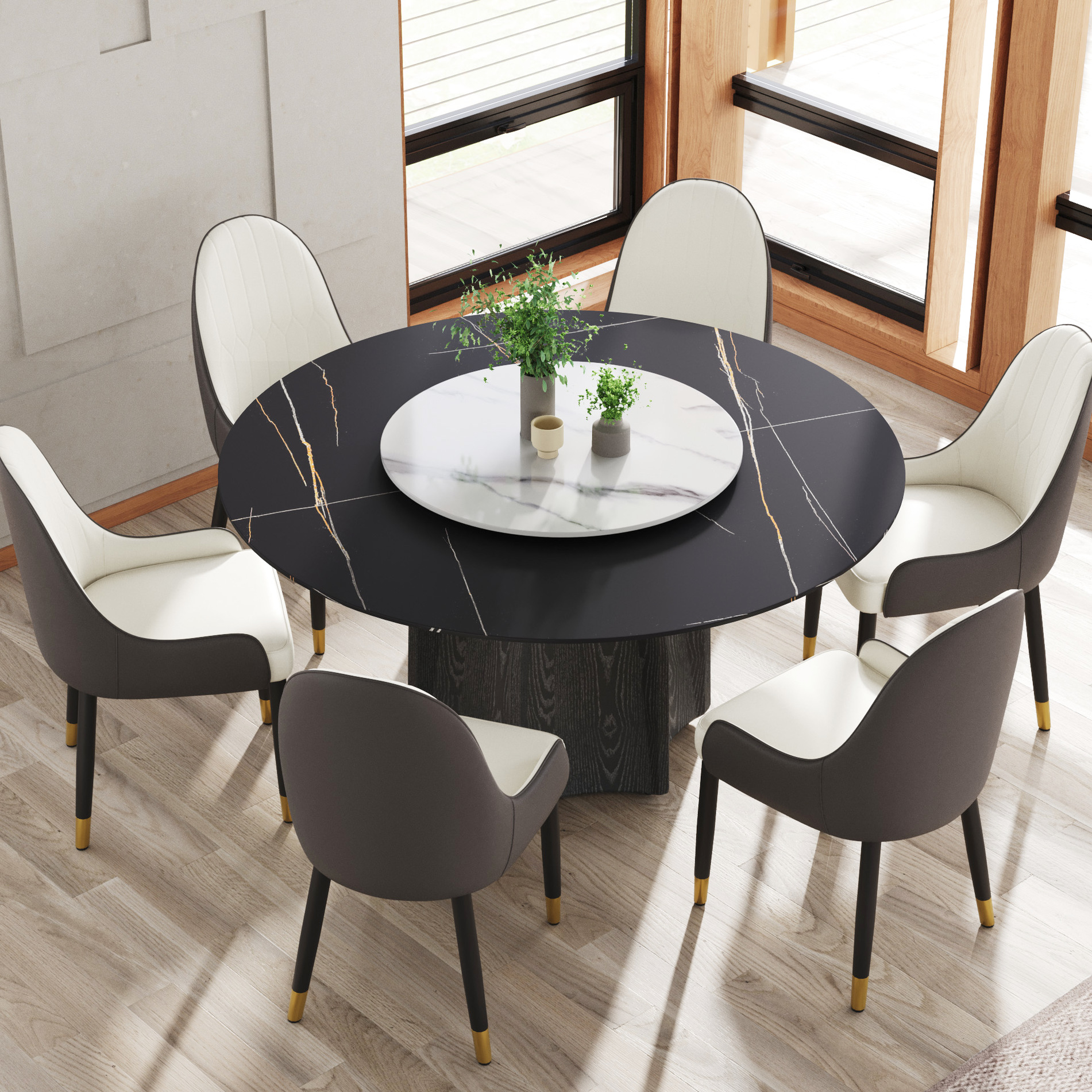 Black & White Round Dining Table 60.39", Solid Wood Base With 31.5 ...