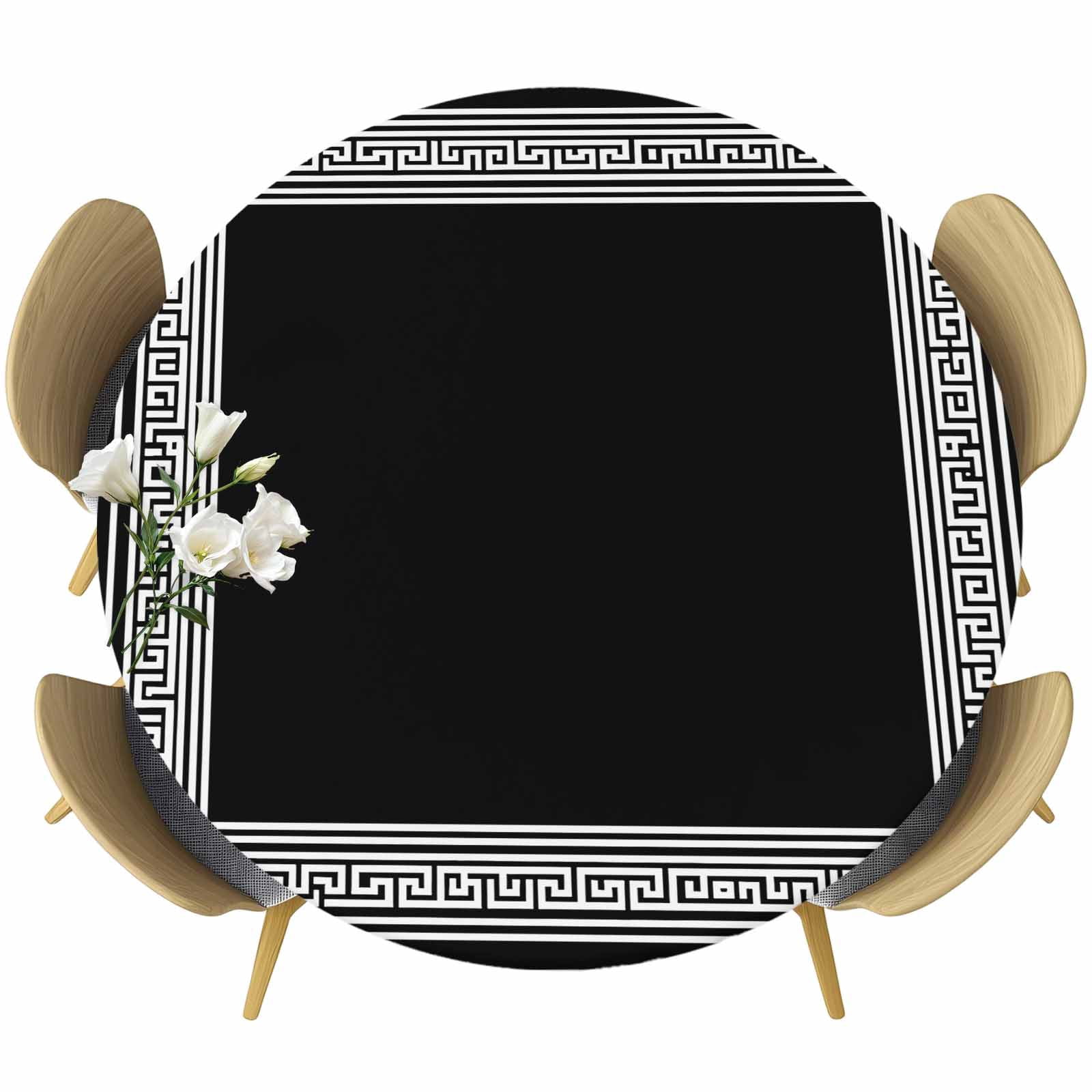 Black White Round Fitted Table Cover Geometric Greek Key Bordered ...