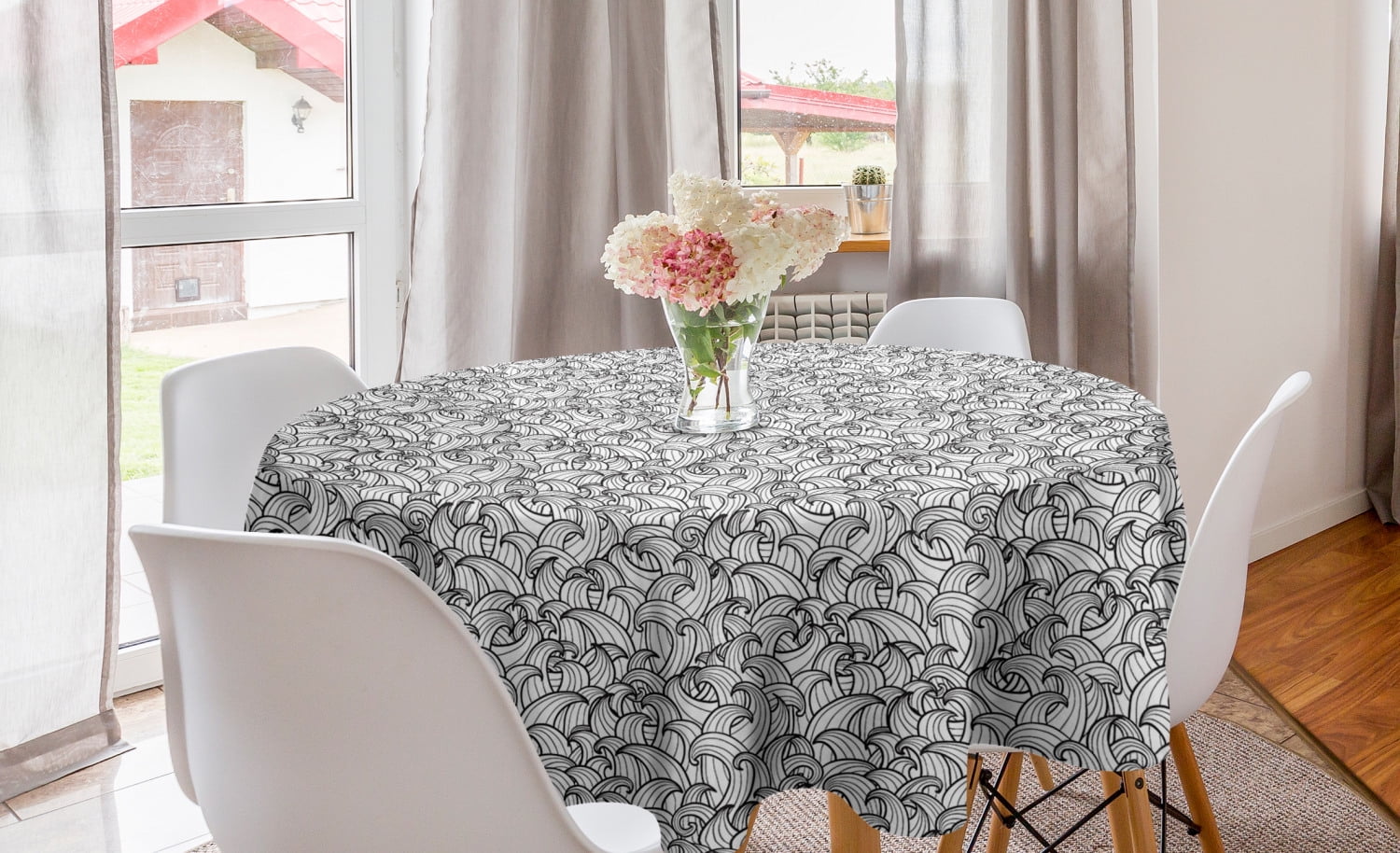 Black and White Round Tablecloth, Abstract Sea Storm with Curly and ...