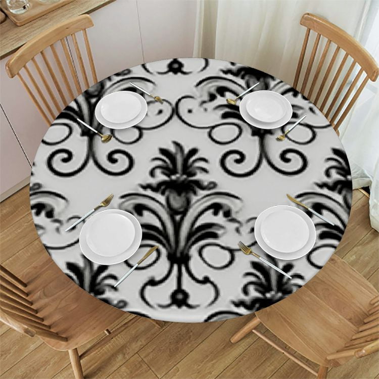 Black White Round Tablecloth with Elastic Edge Monochrome Lily Pattern ...