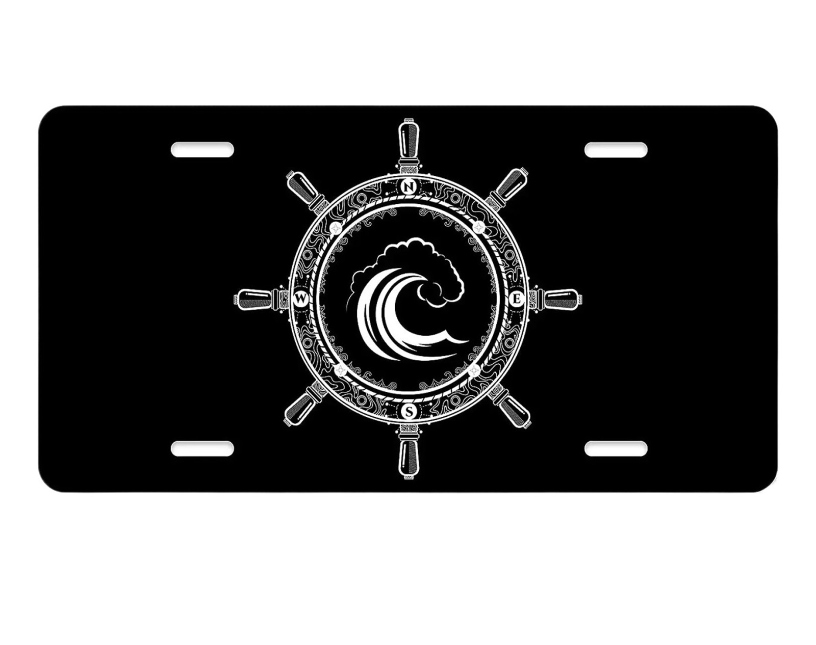 Black White Rudder License Plate Cover Ship Compass Nautical Wave ...