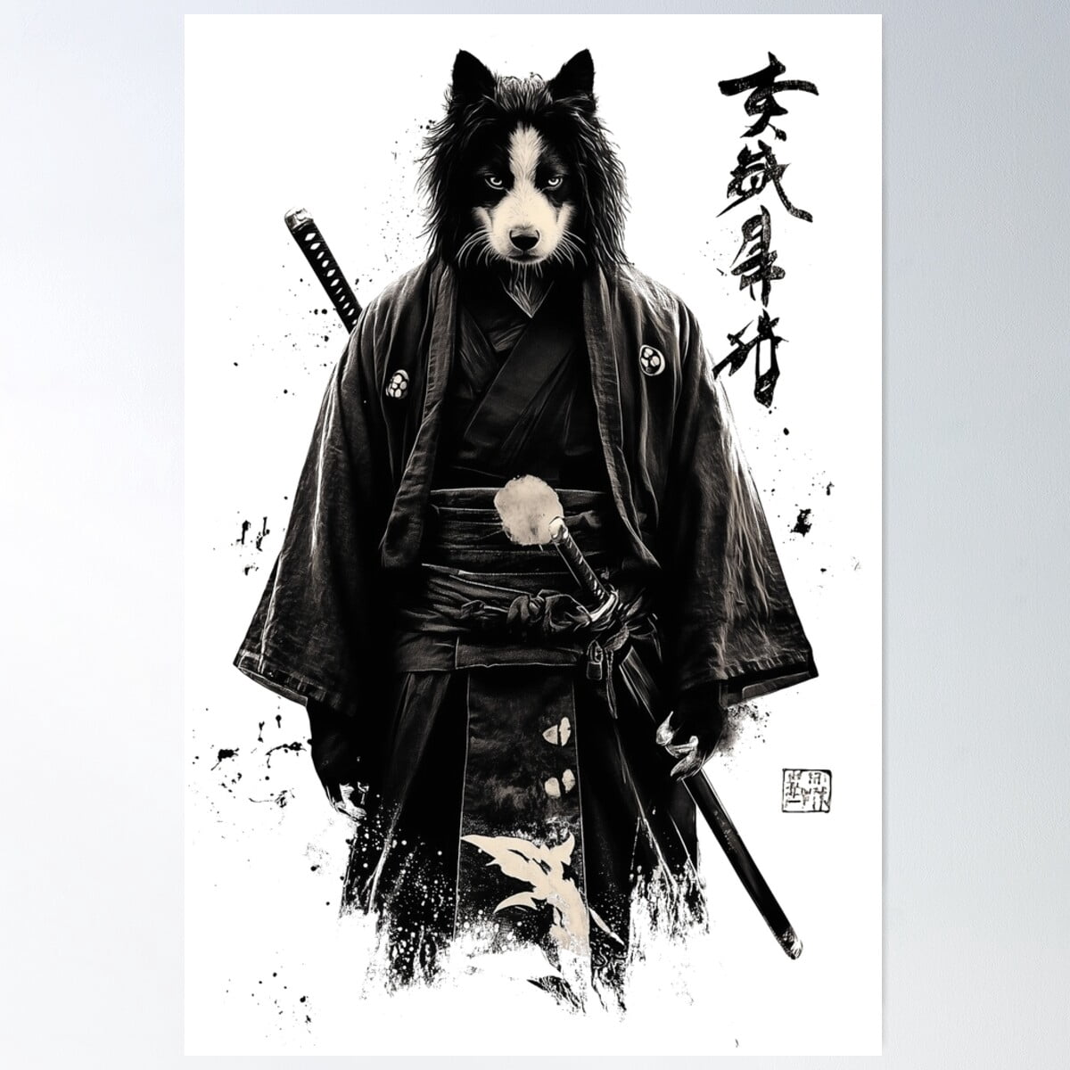 Black And White Samurai Dog - Epic Japanese Warrior Illustration For ...
