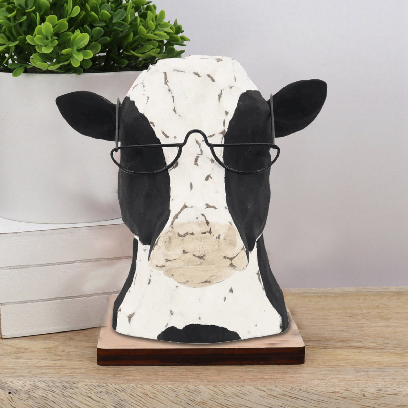 Black & White Sculptureative Cow Head Wearing Glasses – Distressed Faux ...